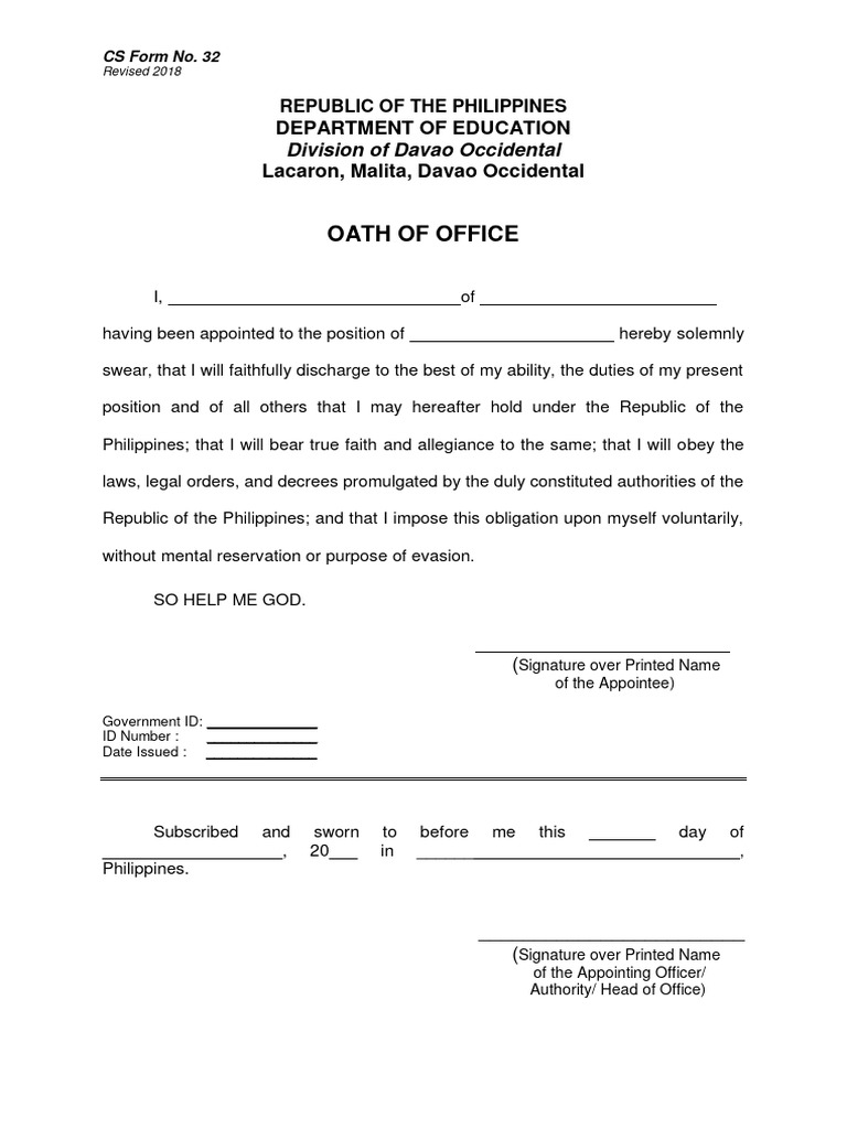 CS Form No. 32 Oath of Office | PDF
