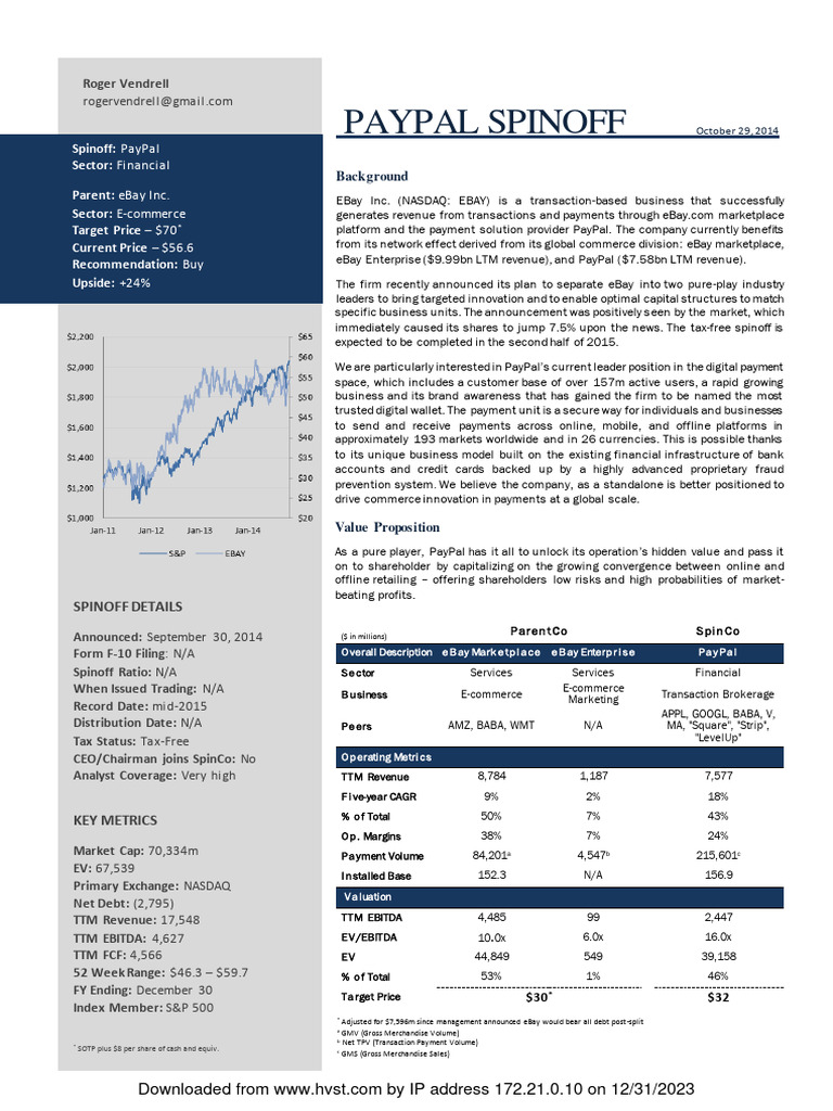 PayPal Spinoff Writeup - Roger Vendrell | PDF | Pay Pal | Credit Card