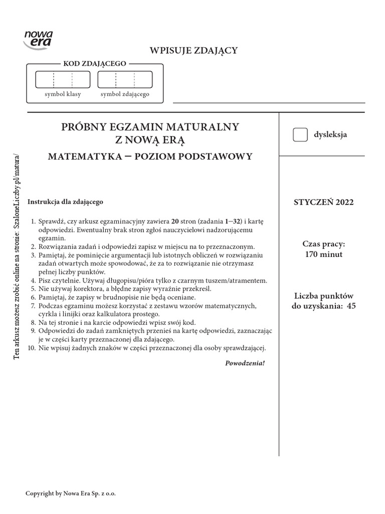 Matura Podstawowa Probna Matematyka Nowa Era 2022 | PDF