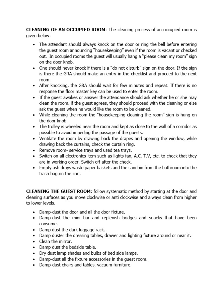 CLEANING OF AN OCCUPIED ROOM: The Cleaning Process of An Occupied Room ...