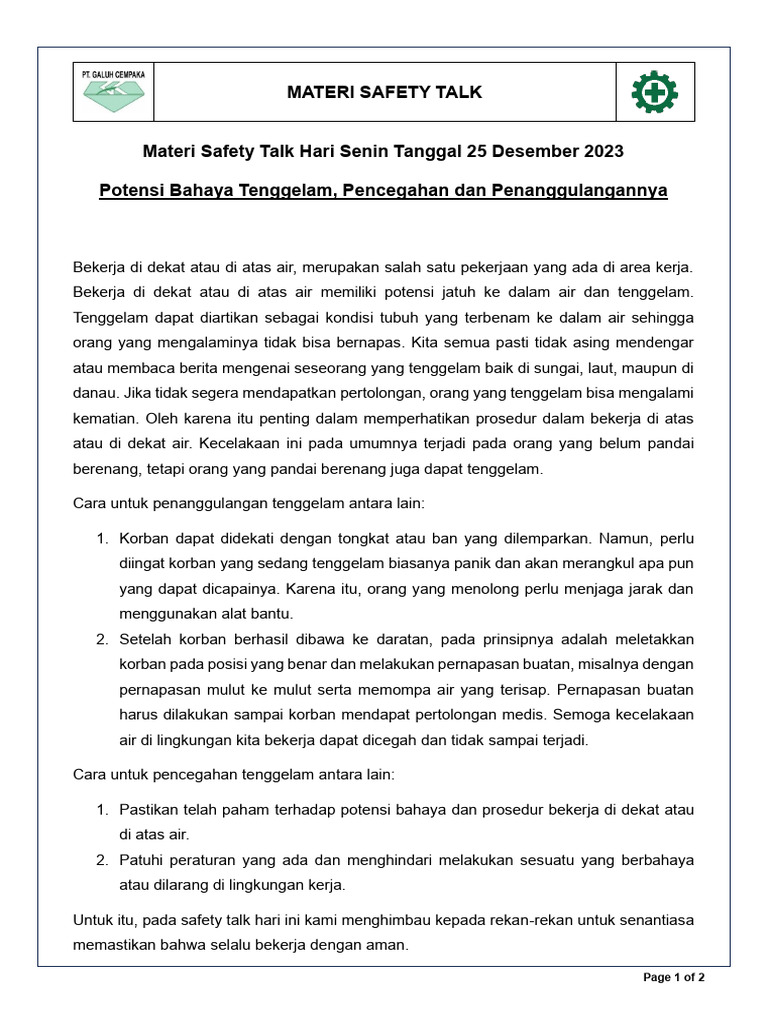 Materi Safety Talk - Senin 25-12-2023 | PDF