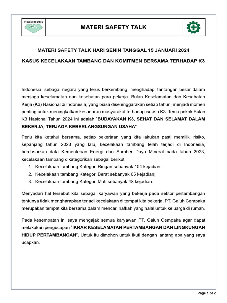 Materi Safety Talk | PDF