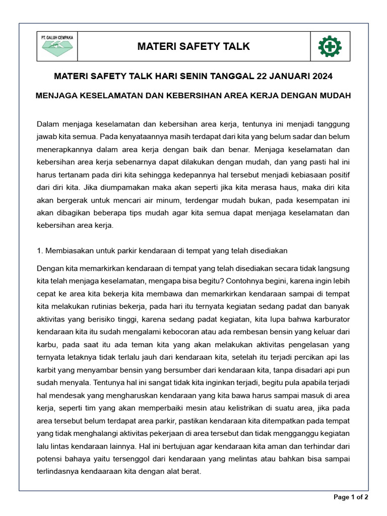 Materi Safety Talk - Senin 22-01-2024 | PDF