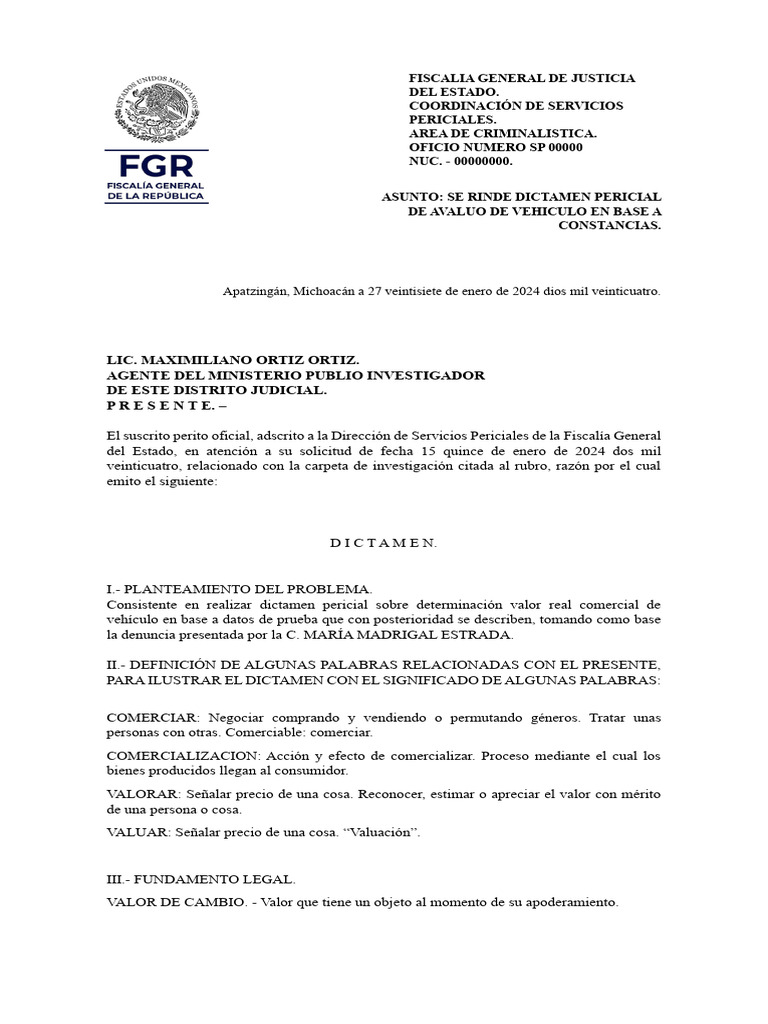 Dictamen de Evaluo Vehicular. | PDF | Finanzas y dinero | Ciencias sociales