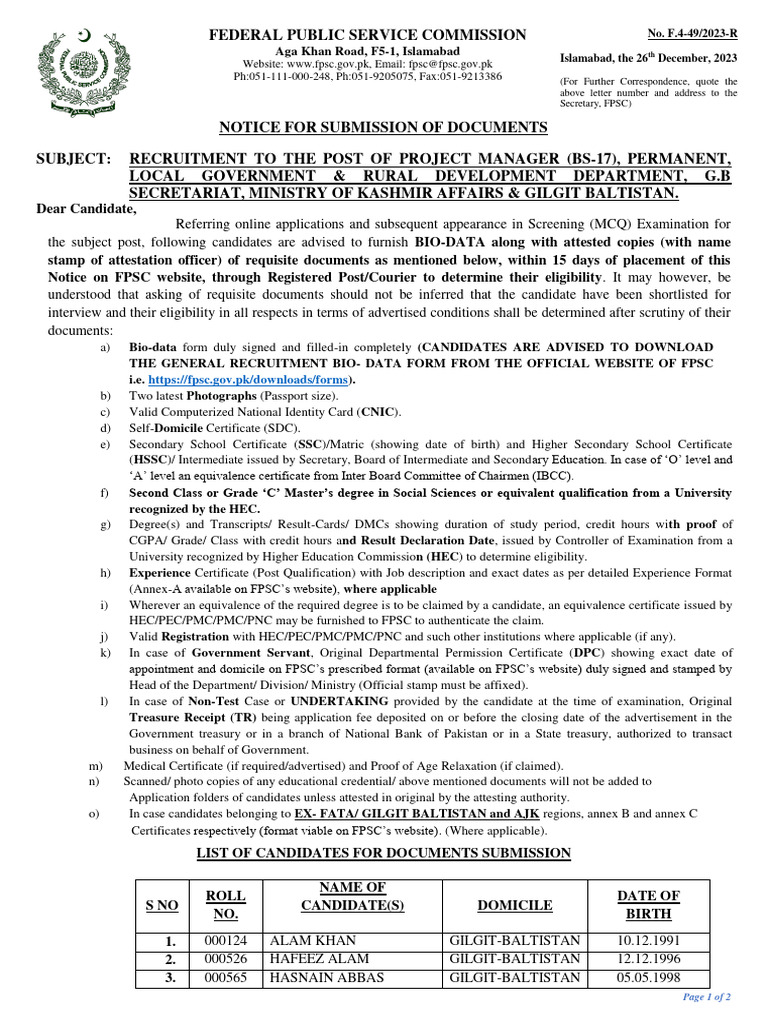 Website: WWW - Fpsc.gov - PK, Email: FPSC@FPSC - Gov.pk Ph:051-111-000-248, Ph:051-9205075, Fax ...