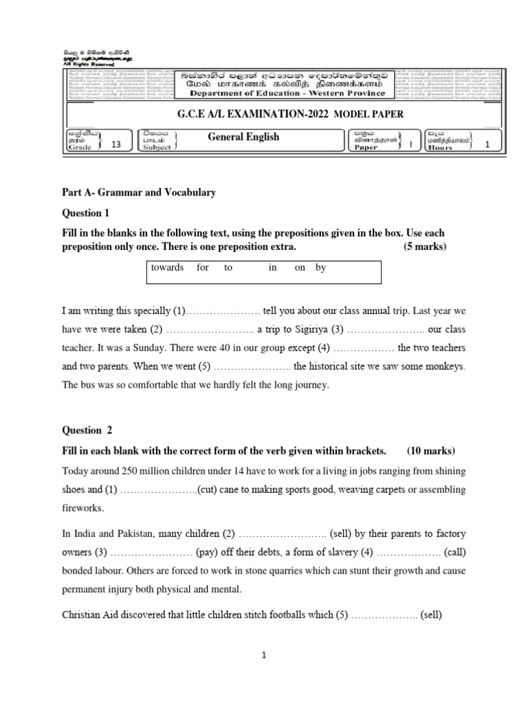 2022 - General English Model Paper | PDF | Dances | Teachers