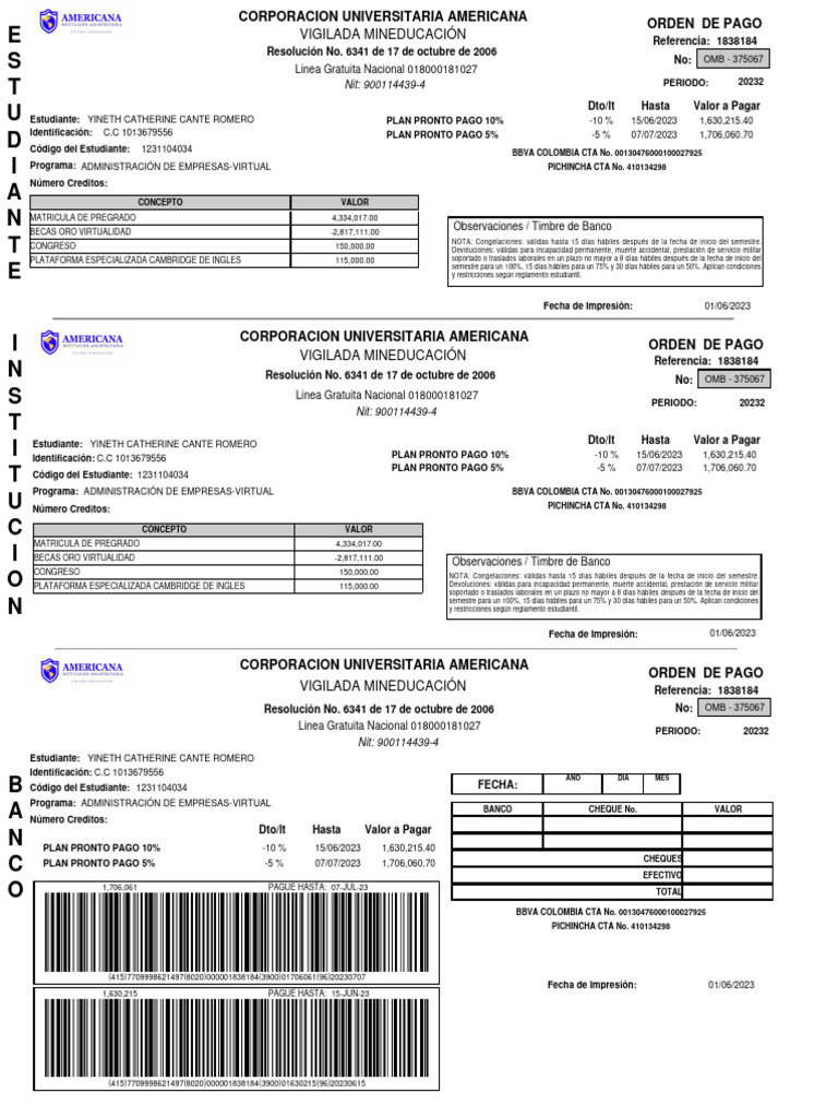 Orden de Pago Estudiante Virtual 20232 | PDF