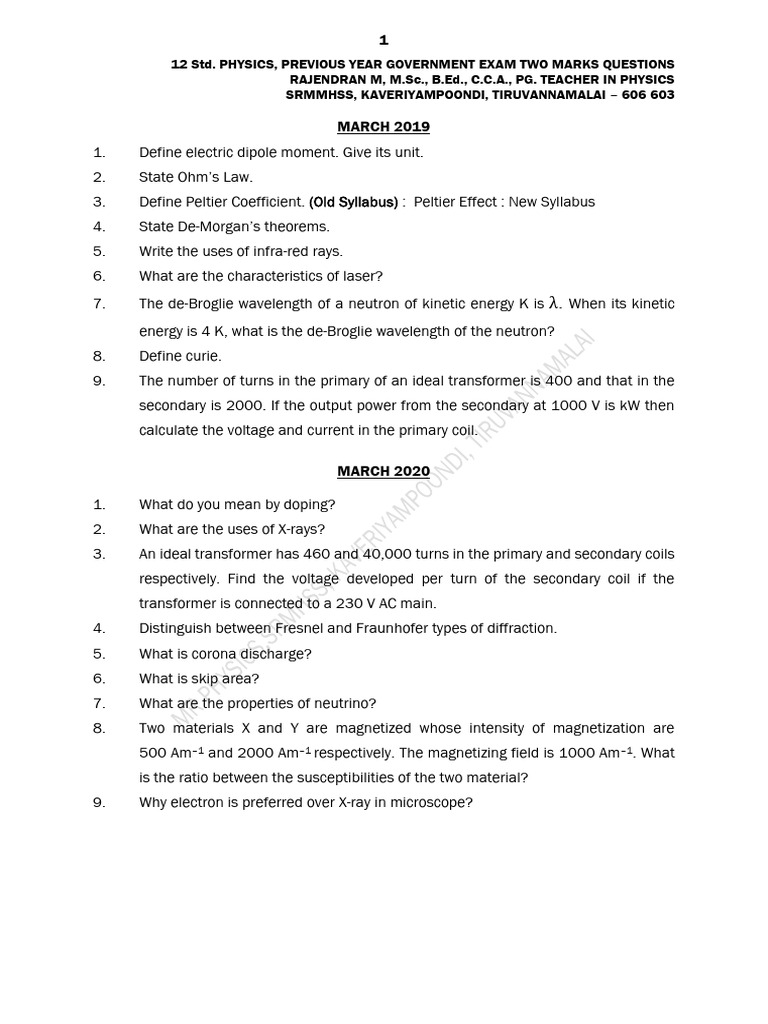 12 Std. GOVERNMENT QUESTION PAPER TWO MARKS | PDF | Electron | Transformer