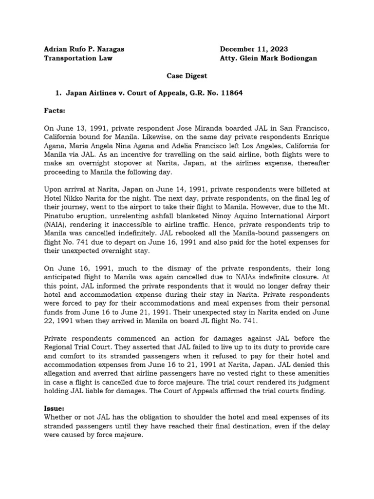 Transportation Law Case Digest Summary | PDF | Bill Of Lading | Damages