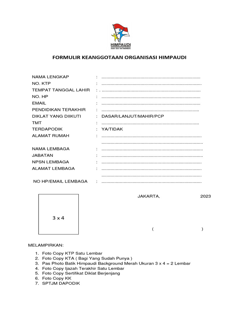 Formulir Keanggotaan Organisasi Himpaudi Jakarta Timur | PDF