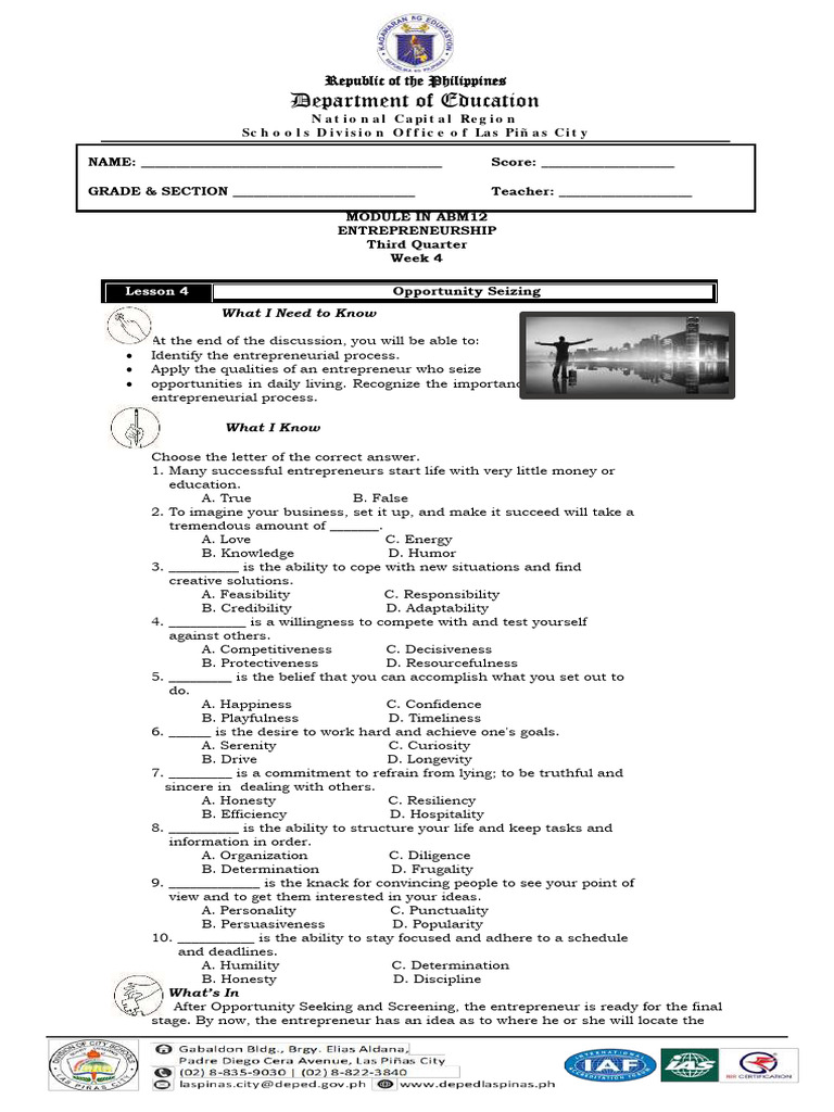G12 Q1 Abm Entrep M 4 | PDF | Innovation | Entrepreneurship