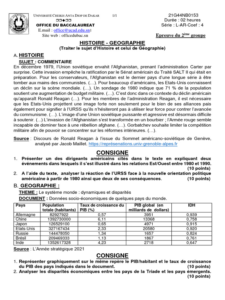 Épreuve Histoire-Géo Bac 2022 Sénégal | PDF | Ronald Reagan | Union ...
