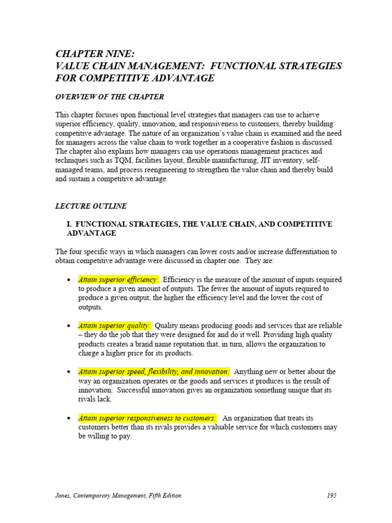 Chapter 9 Notes | PDF | Lean Manufacturing | Competitive Advantage
