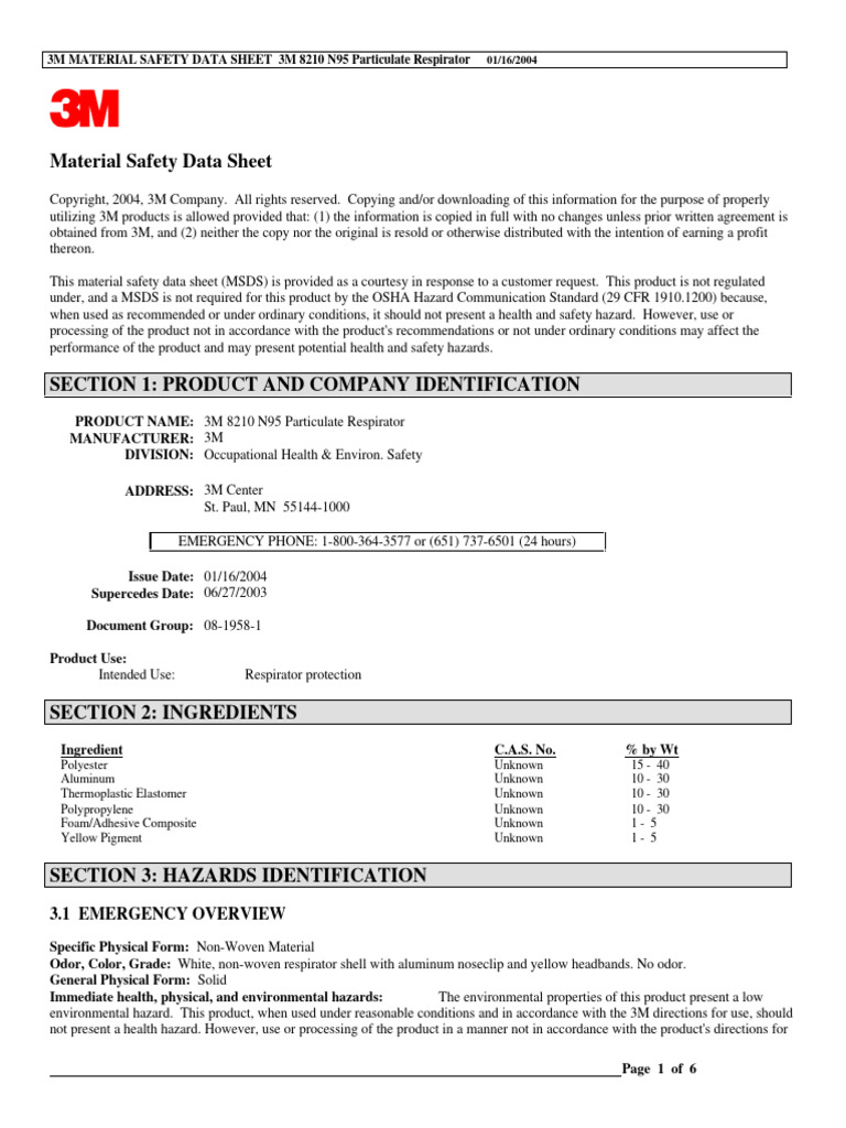 3M MATERIAL SAFETY DATA SHEET 3M 8210 N95 Particulate Respirator | PDF | Combustion | Hazardous ...