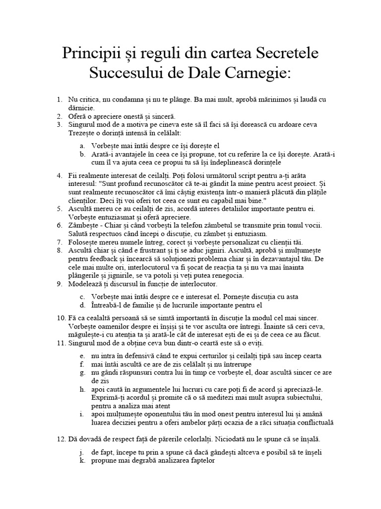 Principii Și Reguli Din Cartea Secretele Succesului de Dale Carnegie | PDF