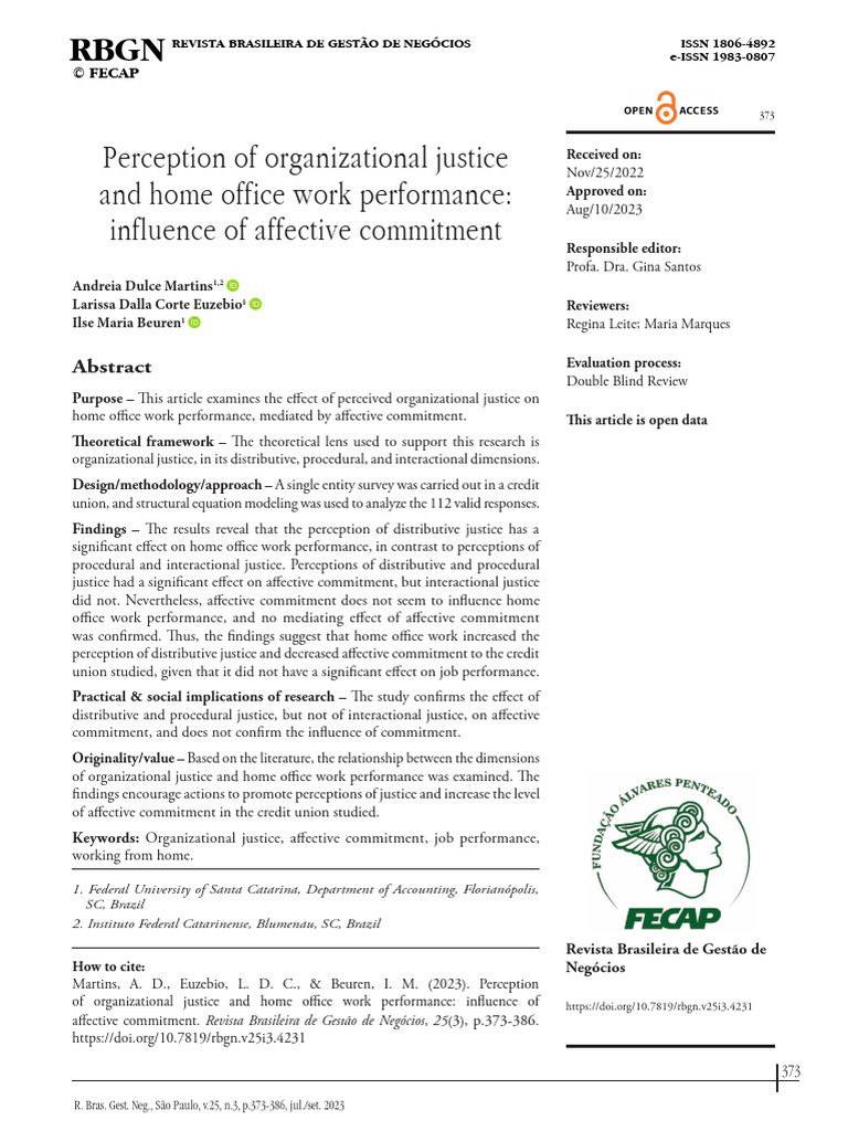 Perception of Organizational Justice and Home Office Work Performance ...