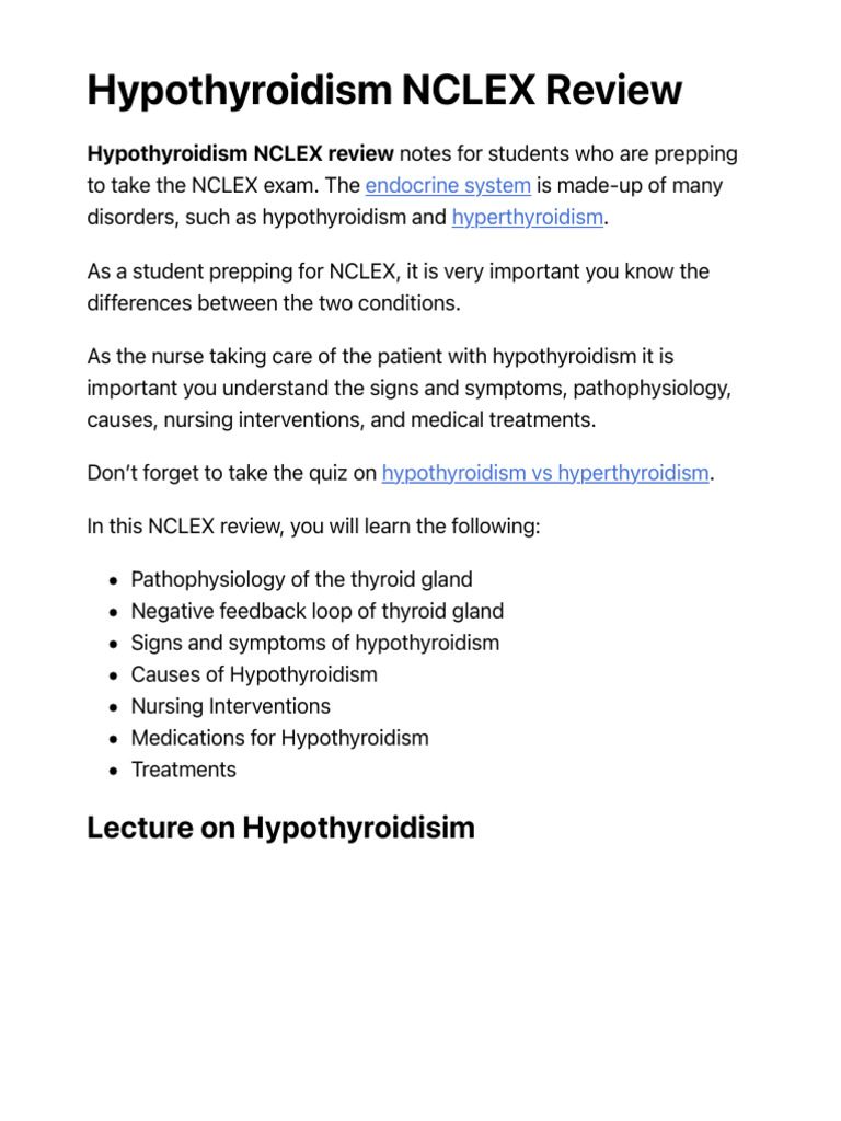 NCLEX Hypothyroidism Review | PDF | Hypothyroidism | Thyroid ...