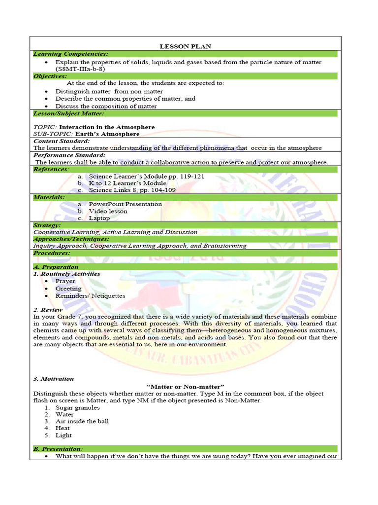 Matter Lesson Plan | PDF | Matter | Chemistry