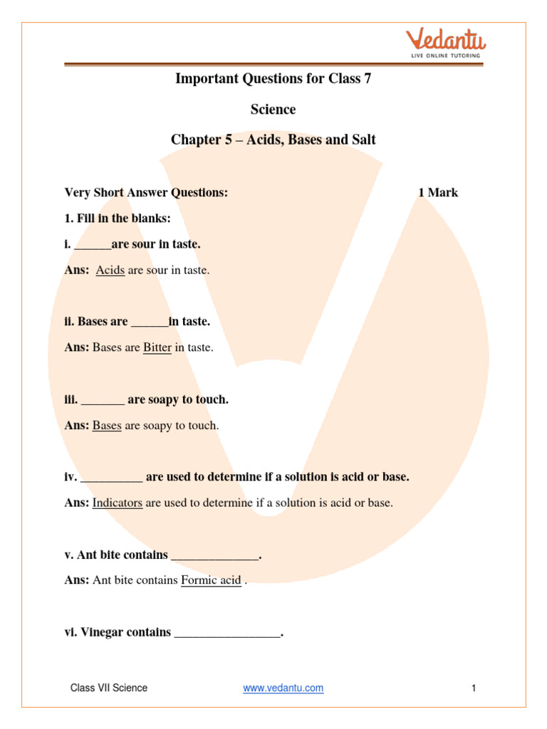 Important Questions For CBSE Class 7 Science Chapter 5 - Acids, Bases ...