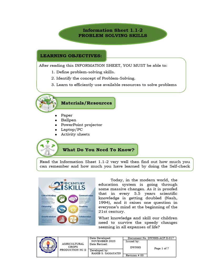 Information Sheet 2. Problem Solving Skills | PDF | Behavioural Sciences | Cognition