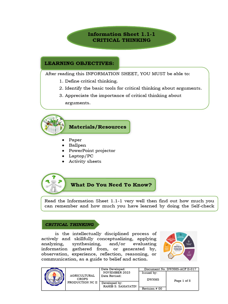 Information Sheet 1. Critical Thinking | PDF | Argument | Critical Thinking