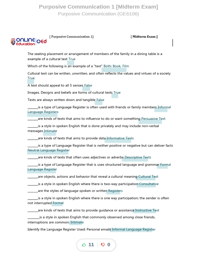 Purposive Communication 1 Midterm Exam - Compress | PDF | Communication | English Language