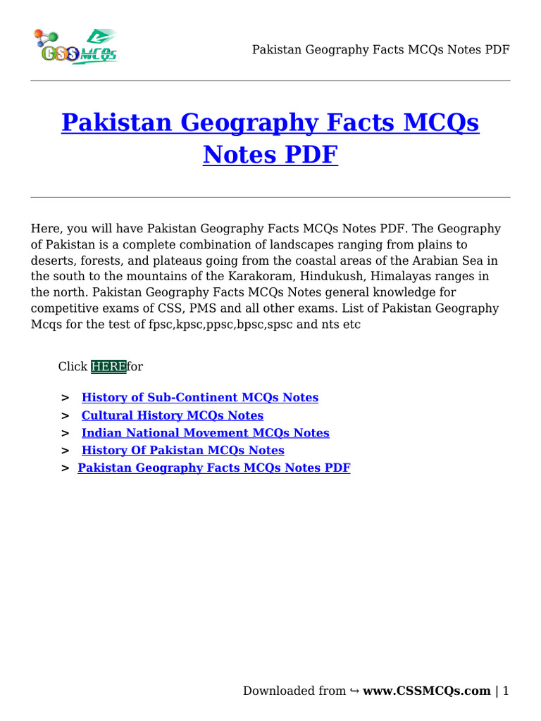 Pakistan Geography Facts MCQs Notes PDF | PDF | Indus River | Pakistan