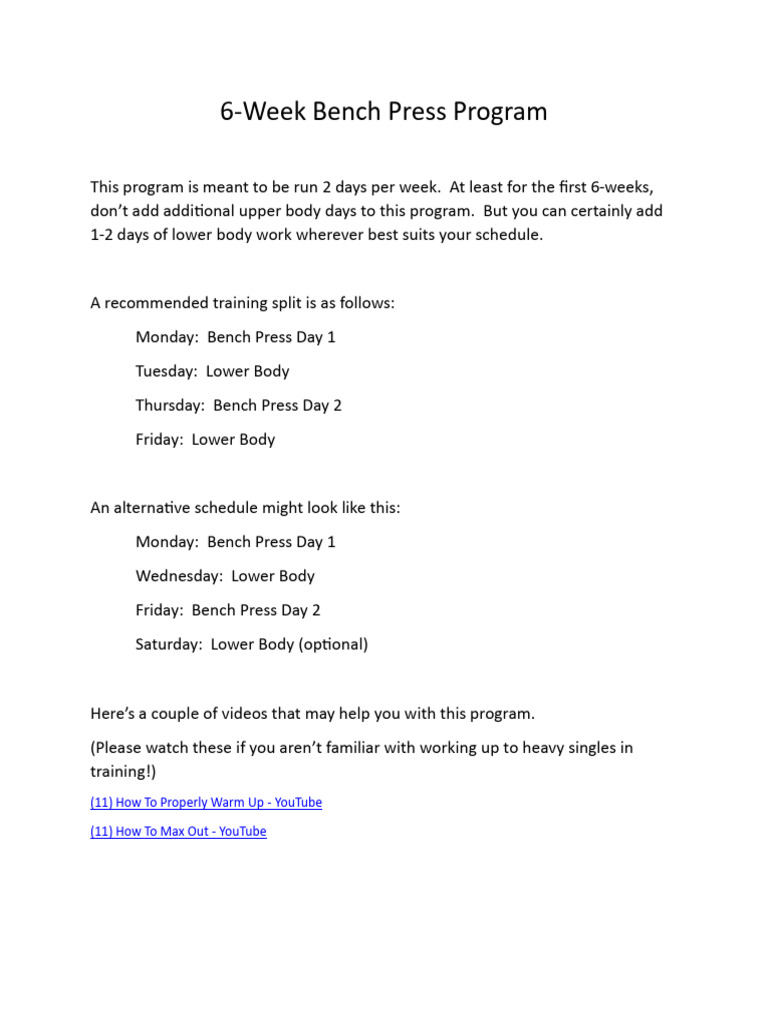6 Week Bench Press Program | PDF | Weight Training | Strength Training