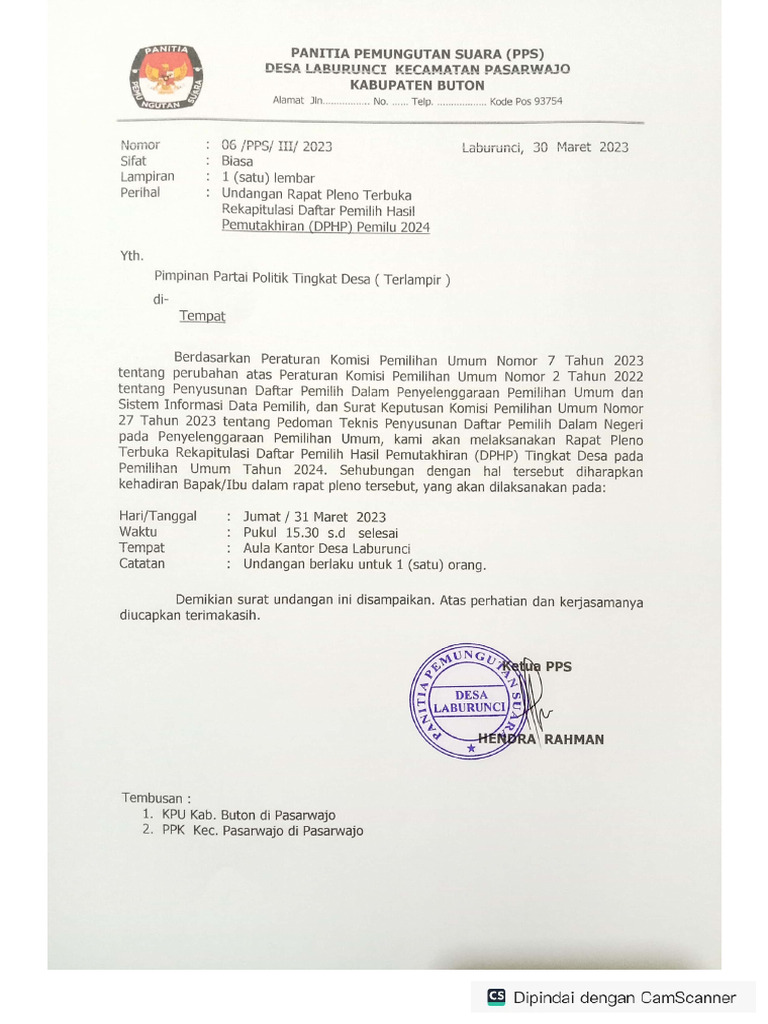 Undangan Rapat Pleno Terbuka DPHP Tingkat Desa LABURUNCI | PDF