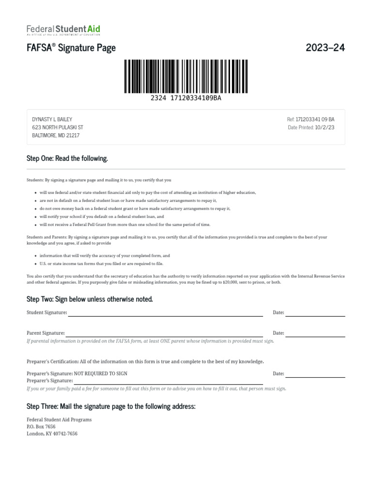 2023-2024 Standalone Print Signature - FAFSA Application - Federal ...