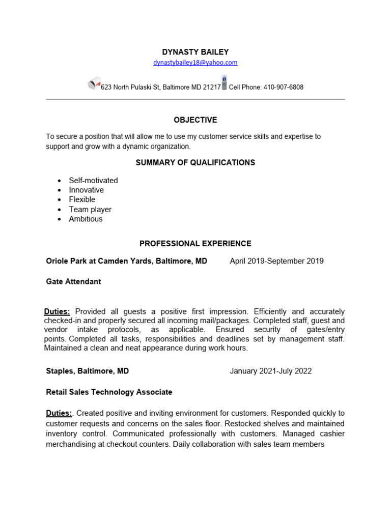 Dynasty Bailey Resume.11!16!22 | PDF | Surveillance | Point Of Sale