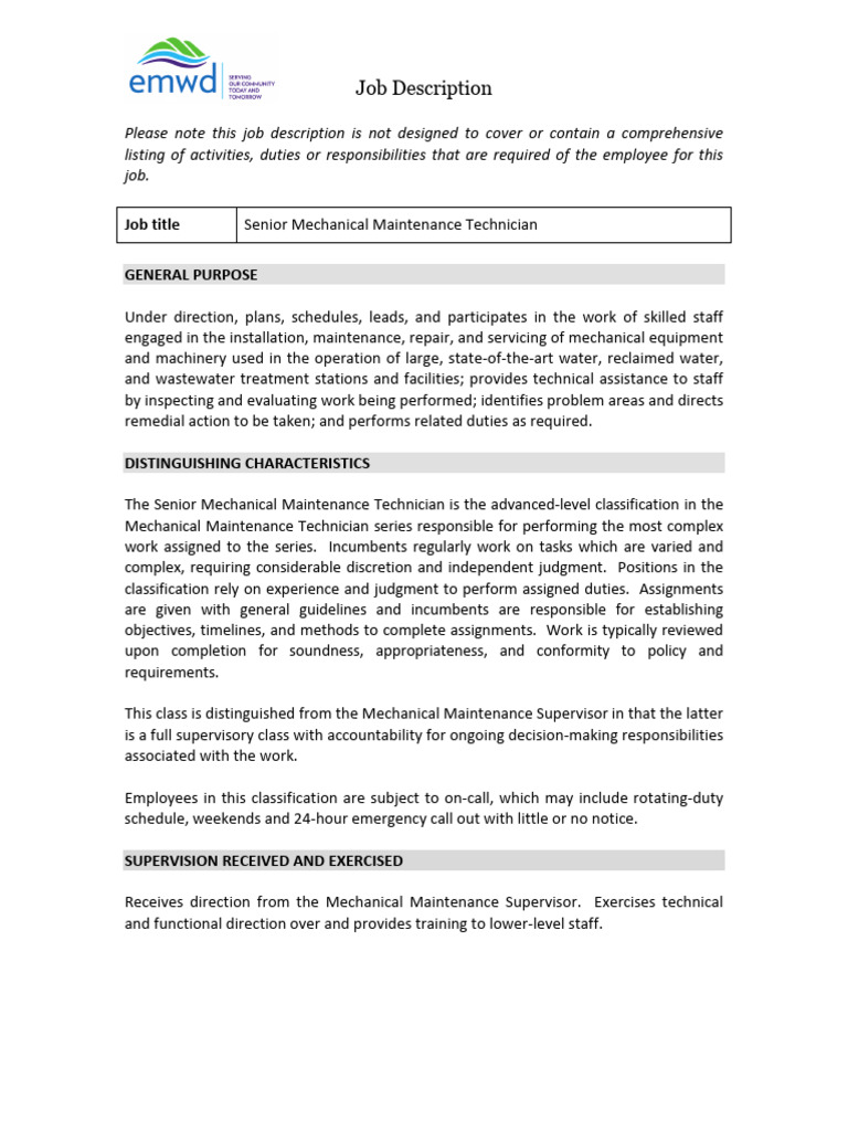 Job Class - Senior Mechanical Maintenance Technician | Download Free ...
