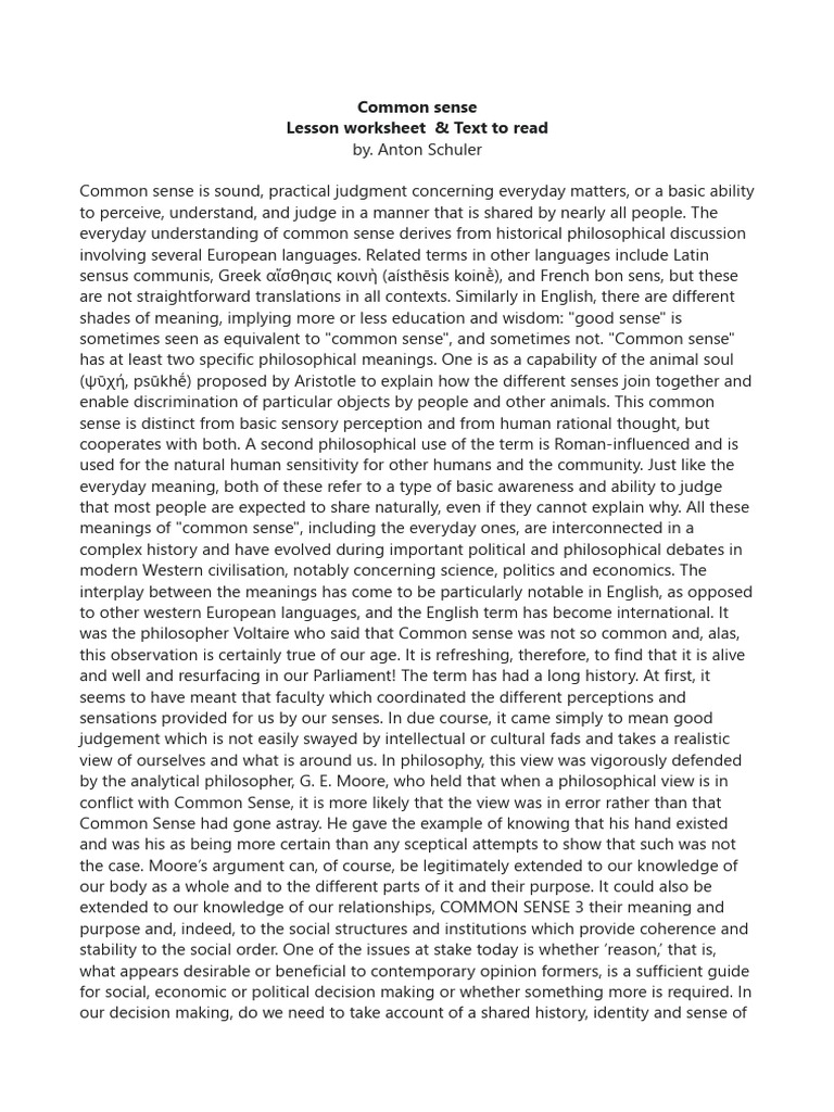 Common Sense Worksheet | PDF