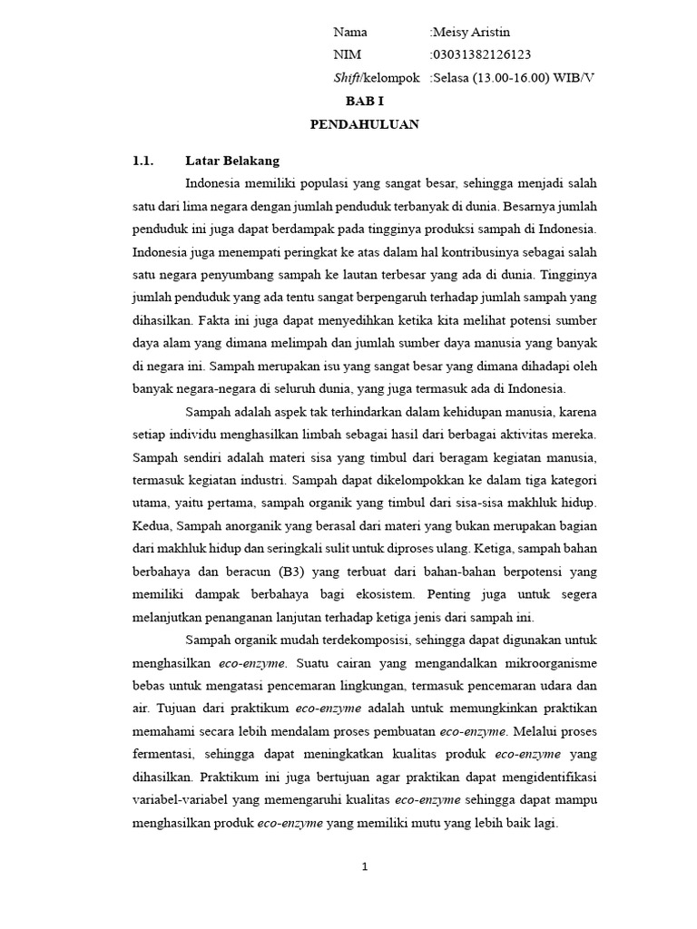 Laporan Pendahuluan Eco-Enzyme - Meisy Aristin - 03031382126123 - AB - PLG | PDF