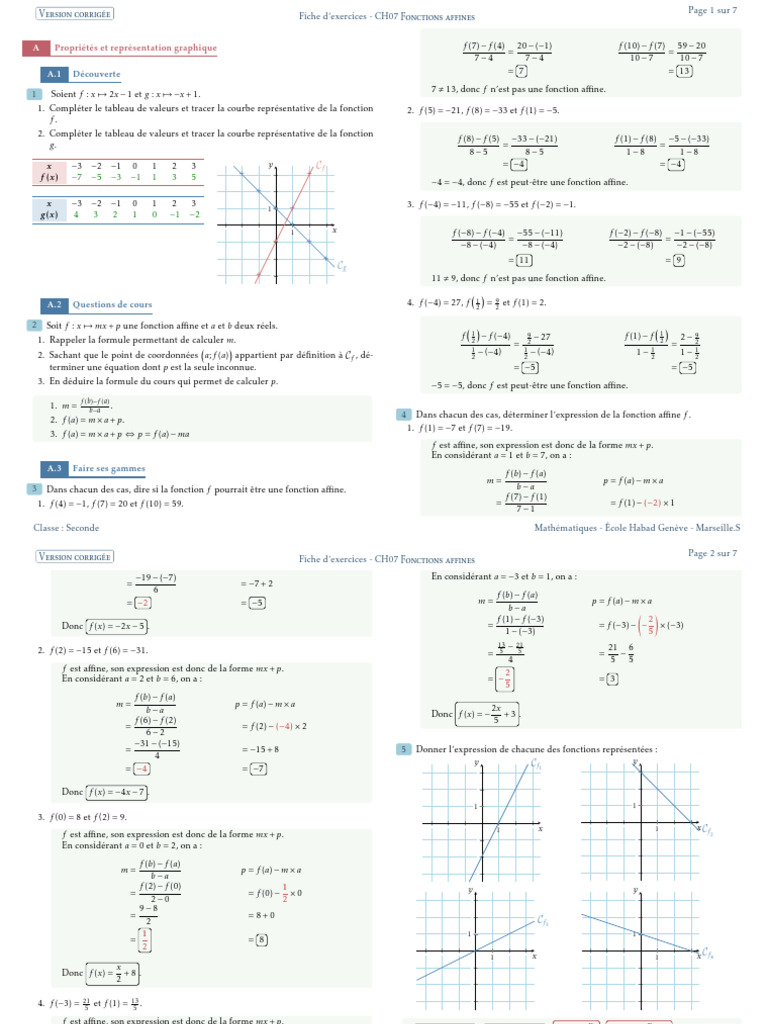 2ndch07fonctions Affines Fiche Exercices Corrige | PDF | Coordonnées cartésiennes | Algèbre générale