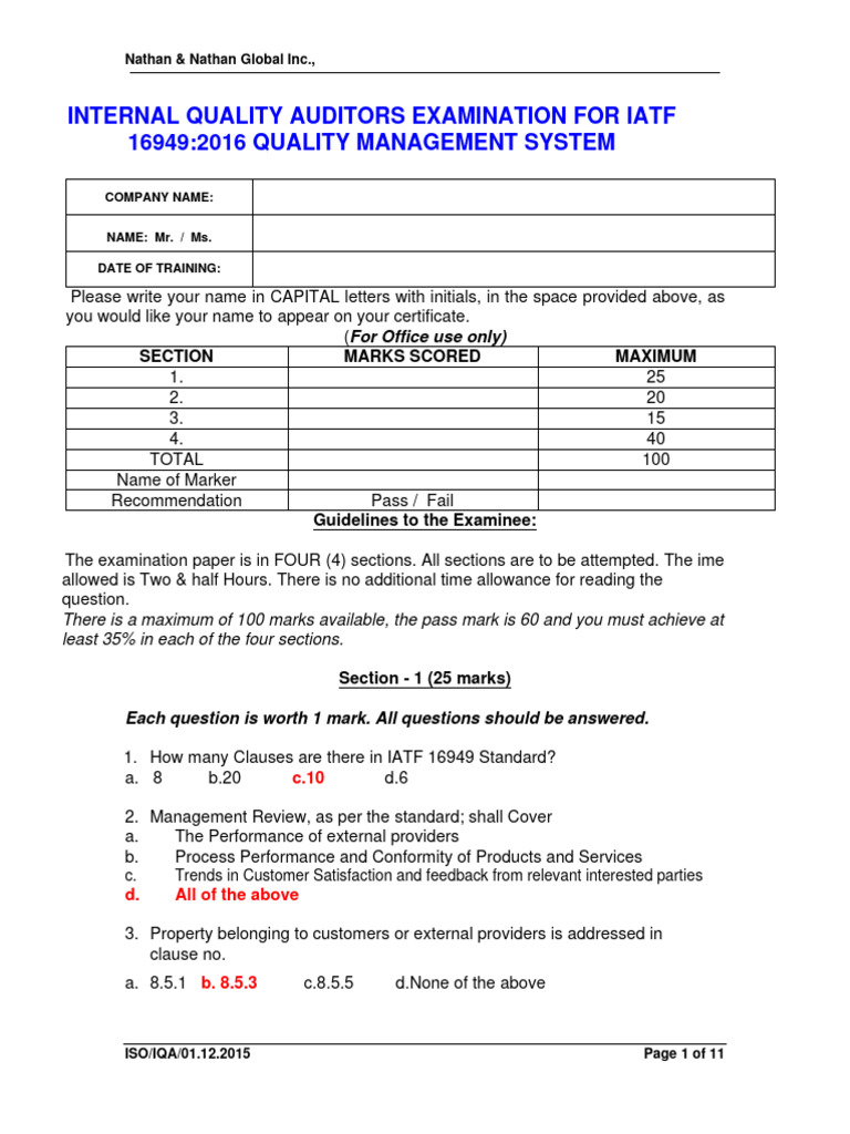IATF 16949 - 2016-Exam Paper With Answers | Download Free PDF | Iso 9000 | Audit