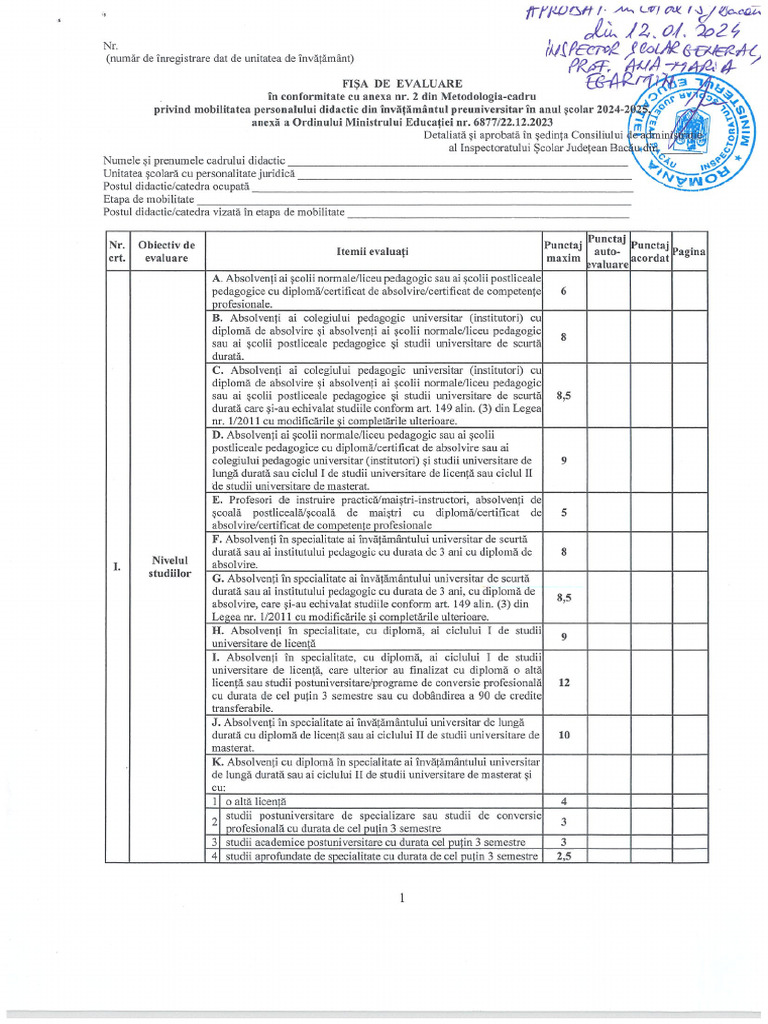 FISA DE EVALUARE in Conformitate Cu ANEXA 2 Din Metodologia Cadru Anexa La OME nr.6788 - 2023 | PDF
