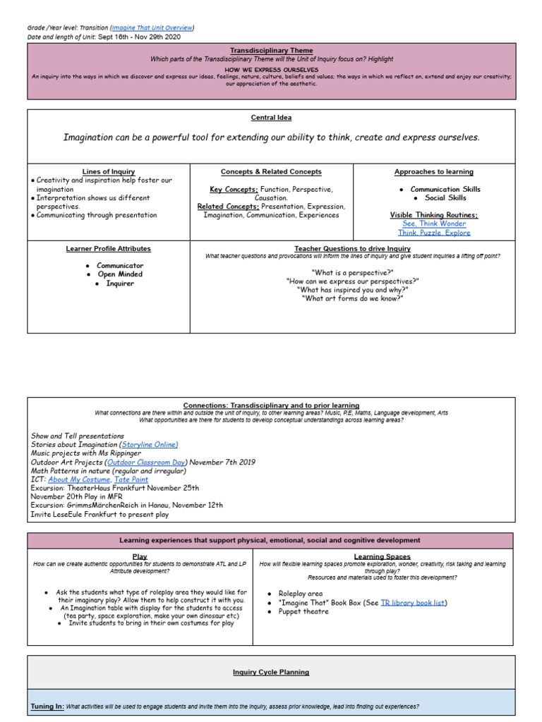Example PYP Imagine That Unit of Inquiry Planner 2019 | Download Free ...