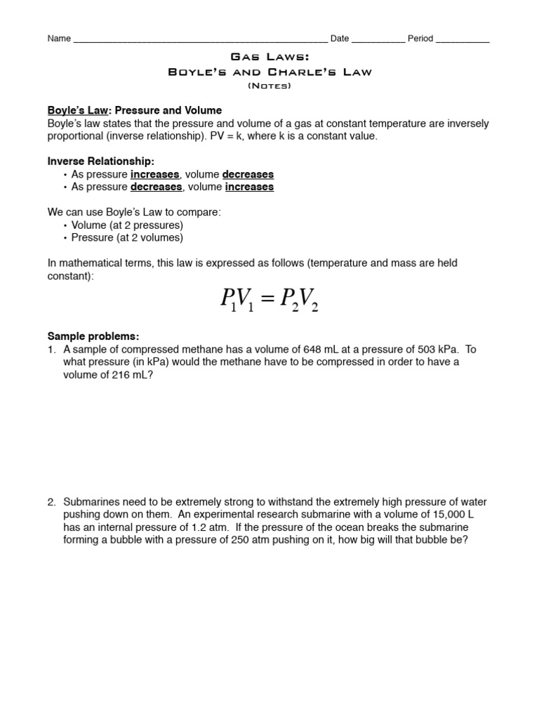 Boyles and Charles Law Notes | PDF | Gases | Pressure