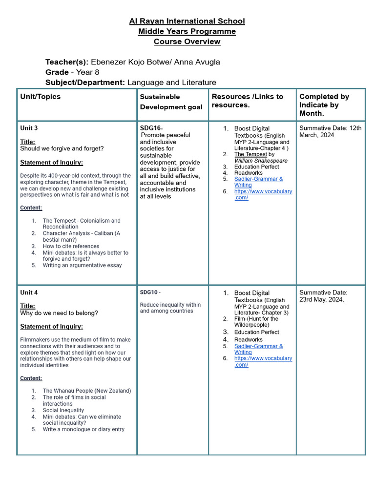 Lang - Lit Course - Outline - IBMYP 2 Sem - 2 2024 | PDF | The Tempest ...