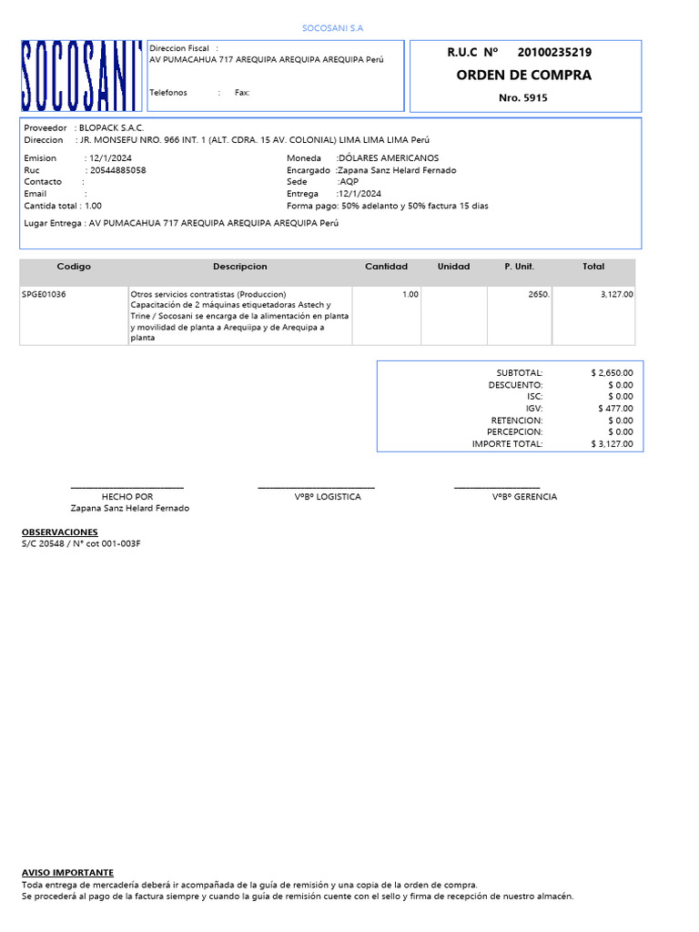 OC 5915 Blopack SAC | PDF
