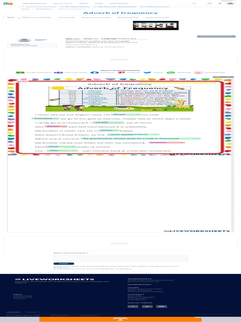 Adverb of Frequency Interactive Worksheet For 10 Live Worksheets | PDF ...