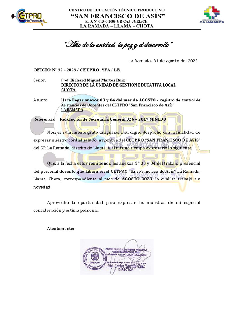 OFICIO 32 Anexo 03 y 04 CETPRO San Francisco de Asís La Ramada Mes de Agosto 2023 | PDF