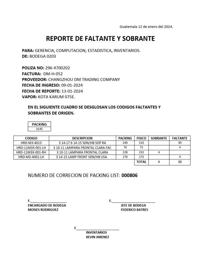 Reporte de Faltante y Sobrante | PDF