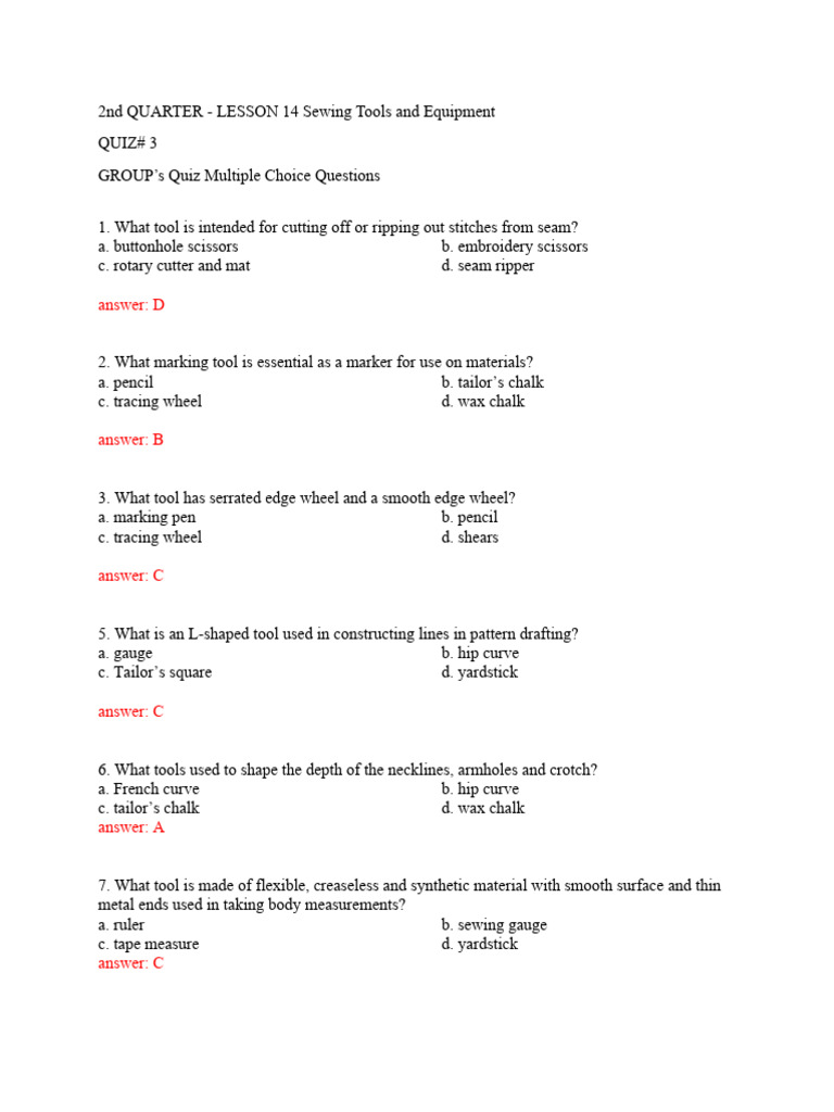 2nd QUARTER QUIZ # 3 | PDF | Sewing | Seam (Sewing)