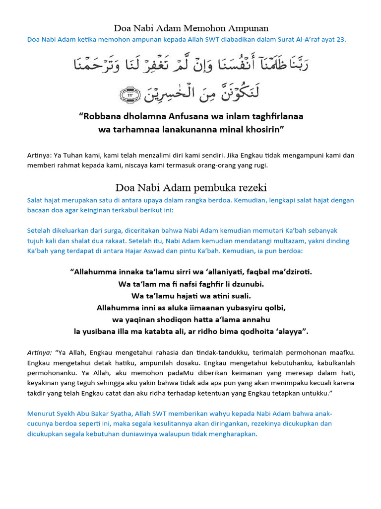 Doa Nabi Adam - Musa - Yunus A.S. | PDF