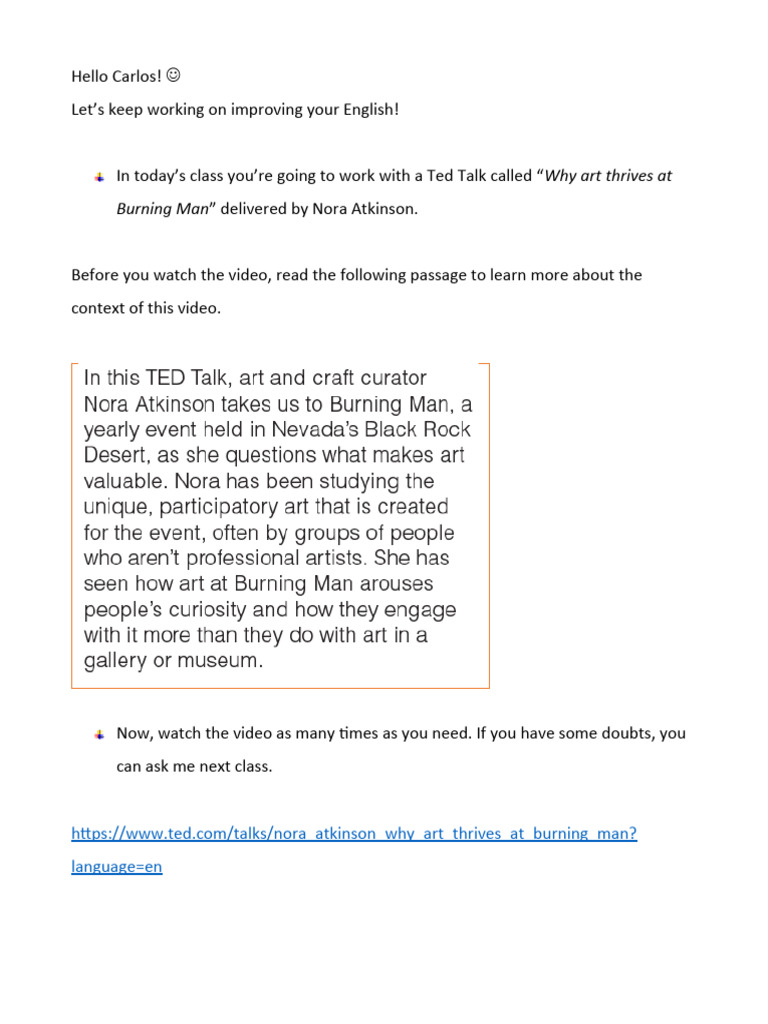 Ted Talk Why Art Thrives at Burning Man (ANSWERS) | PDF