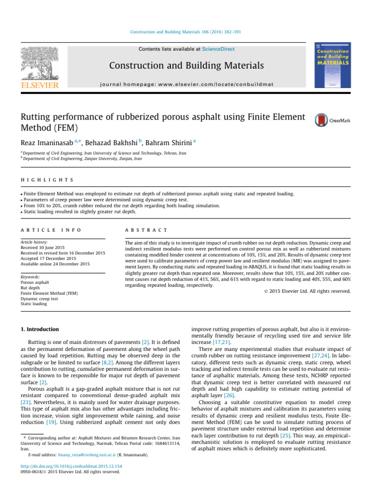 Rutting Performance of Rubberized Porous Asphalt Using Finite Element ...