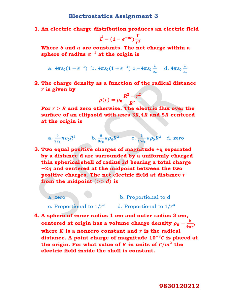 Assingment Electrostatics | PDF | Electric Field | Electrostatics