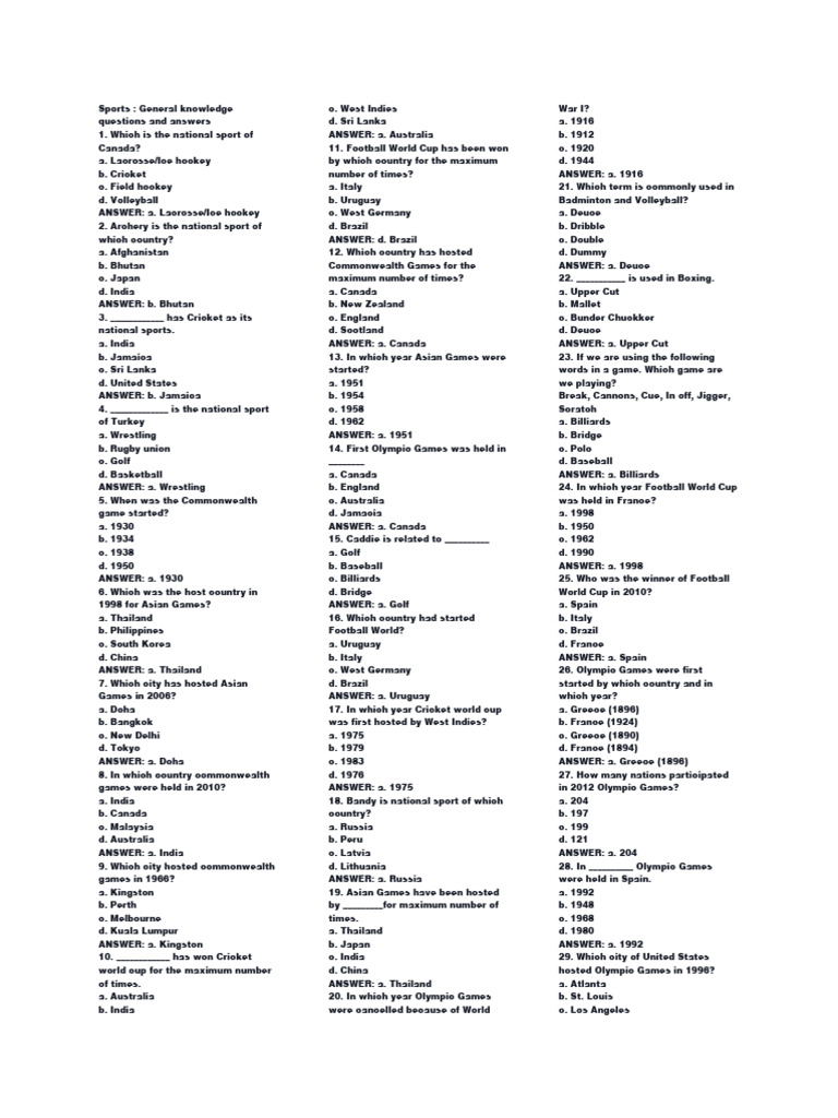 Sports Quiz: National Sports and Events | PDF | Track And Field ...